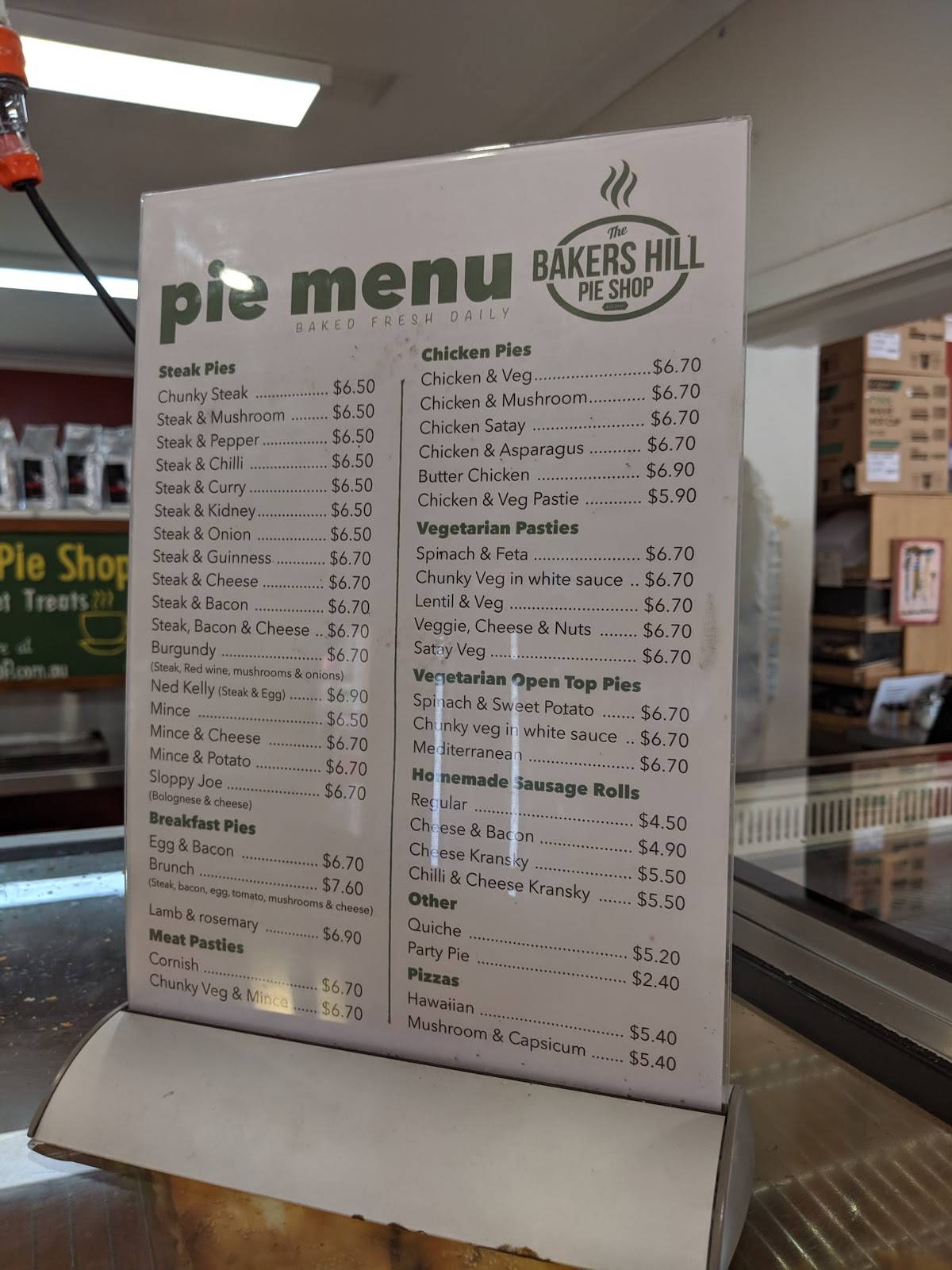 Menu at Bakers Hill Pie Shop restaurant, Bakers Hill