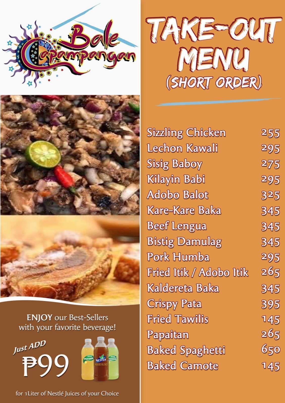 Menu at Bale Capampangan restaurant, San Fernando, Km 69 MacArthur Hwy