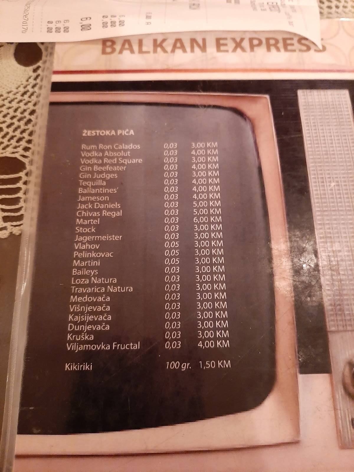 Menu at Balkan Express pub & bar, Sarajevo
