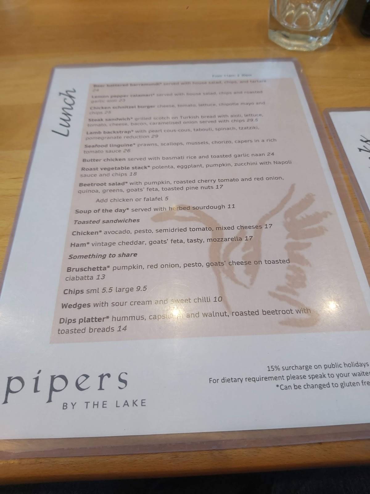 Menu at Pipers by the Lake restaurant, Ballarat Central