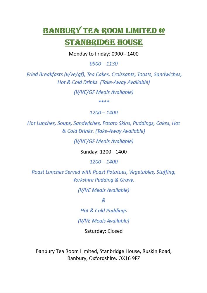 Menu at Banbury Tea Room Limited, Banbury