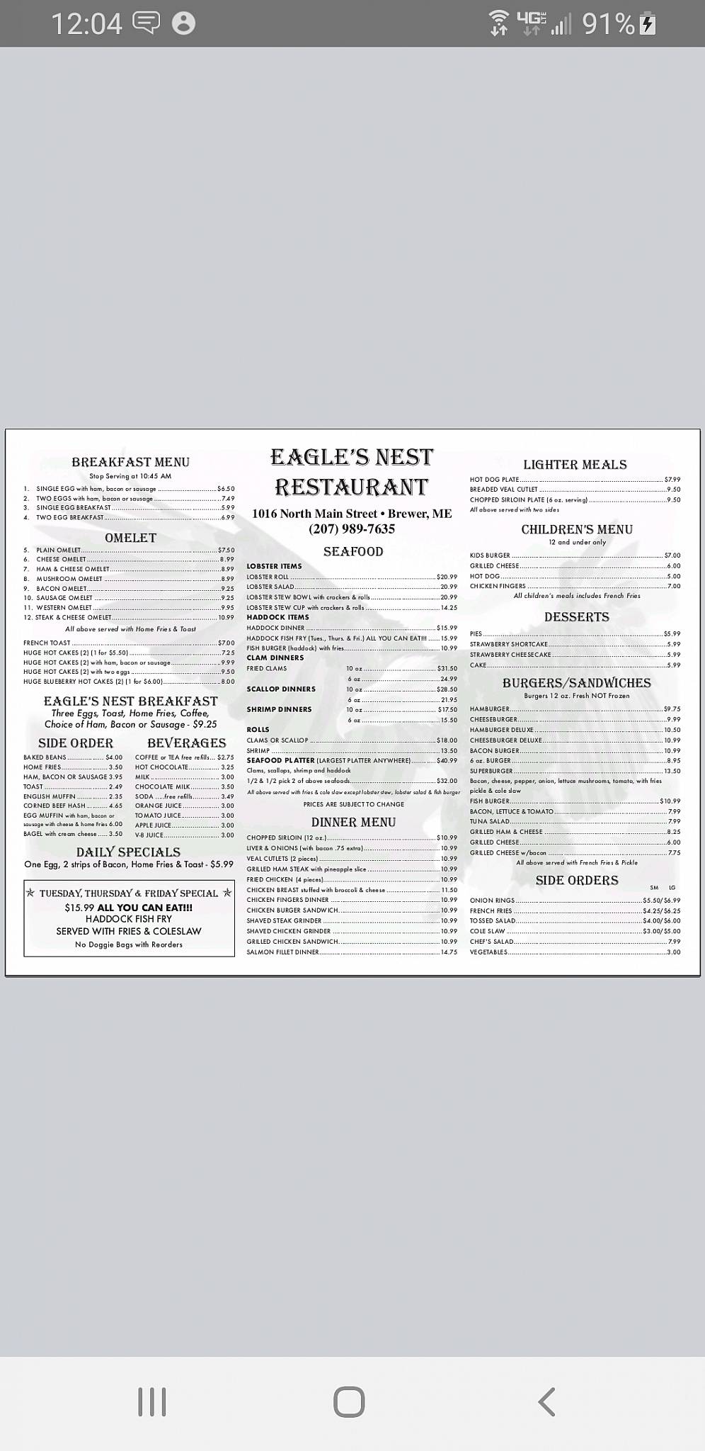 Menu at Eagles Nest Restaurant, Brewer