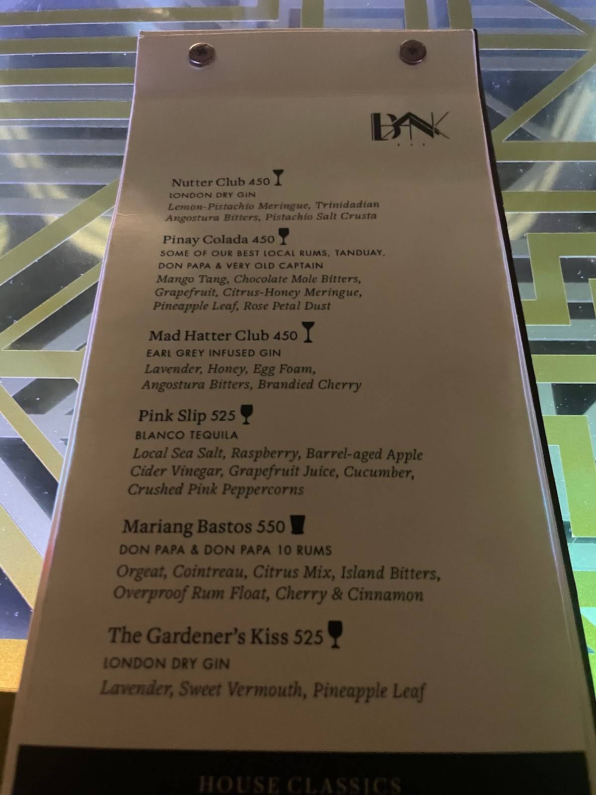 Menu at Bank Bar, Taguig