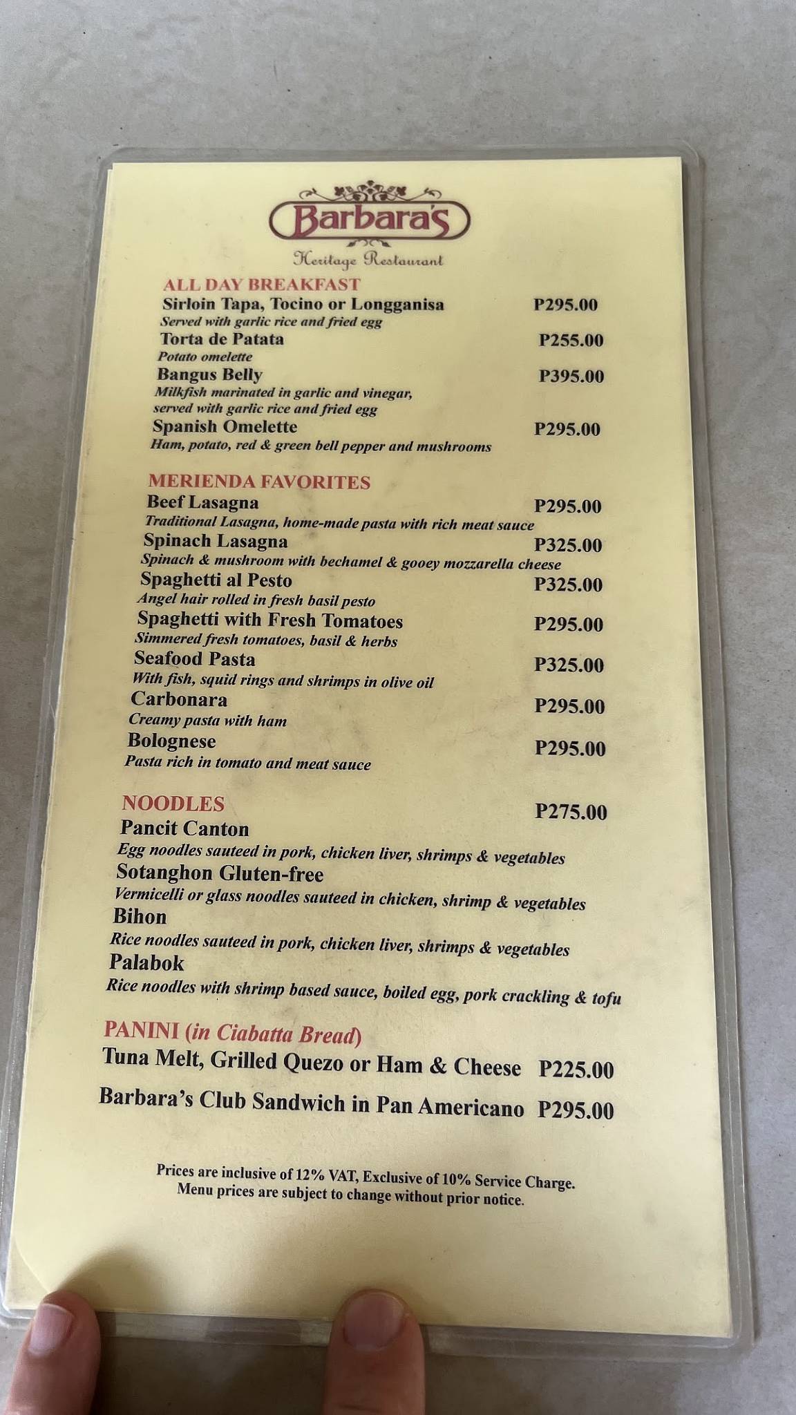 Menu at Barbara's Heritage Restaurant, Manila, Plaza San Luis Complex