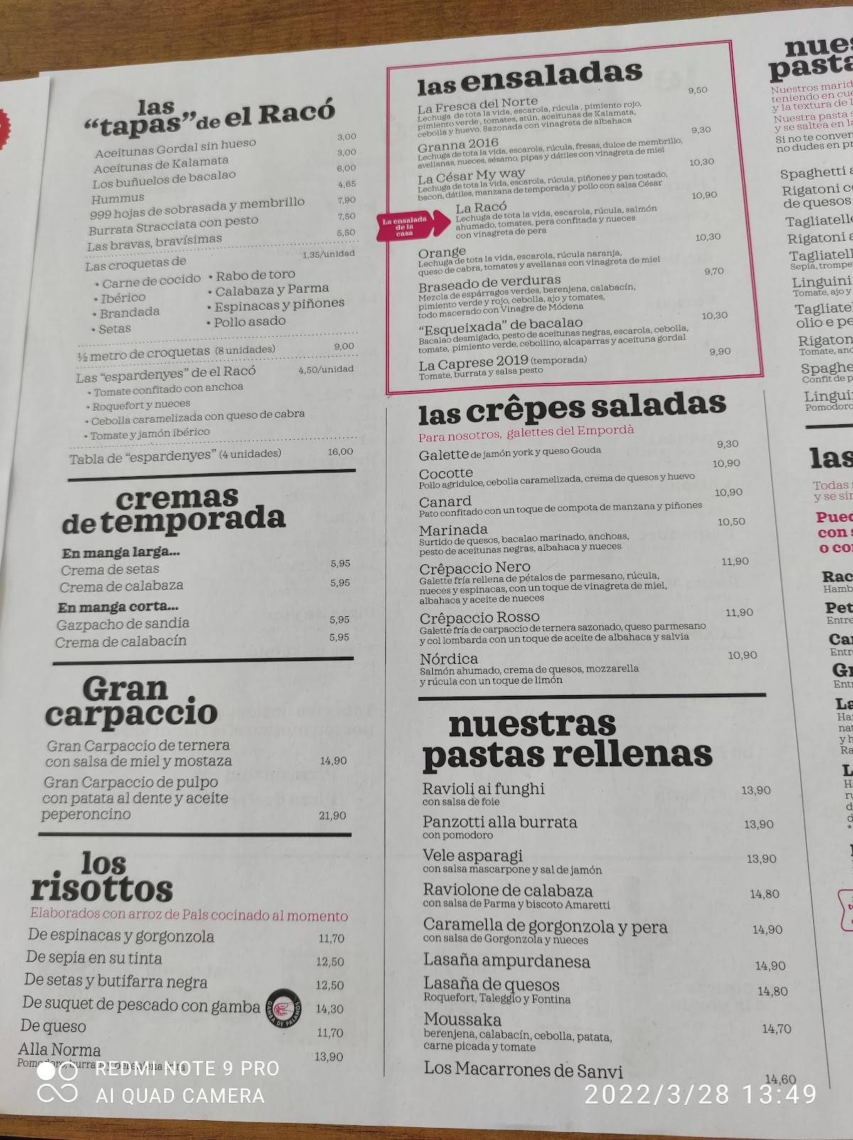 Carta del restaurante El Racó Maremagnum, Barcelona, Moll d'Espanya