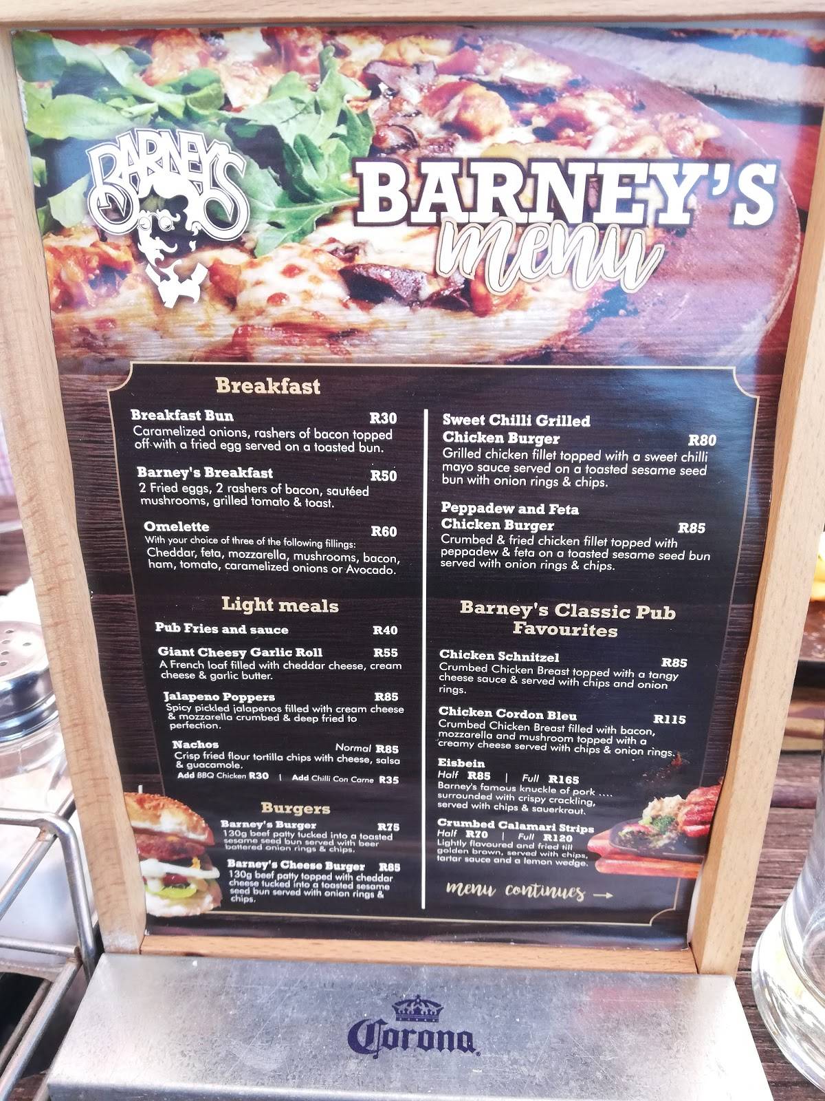 Menu at Barney's Tavern, Port Elizabeth