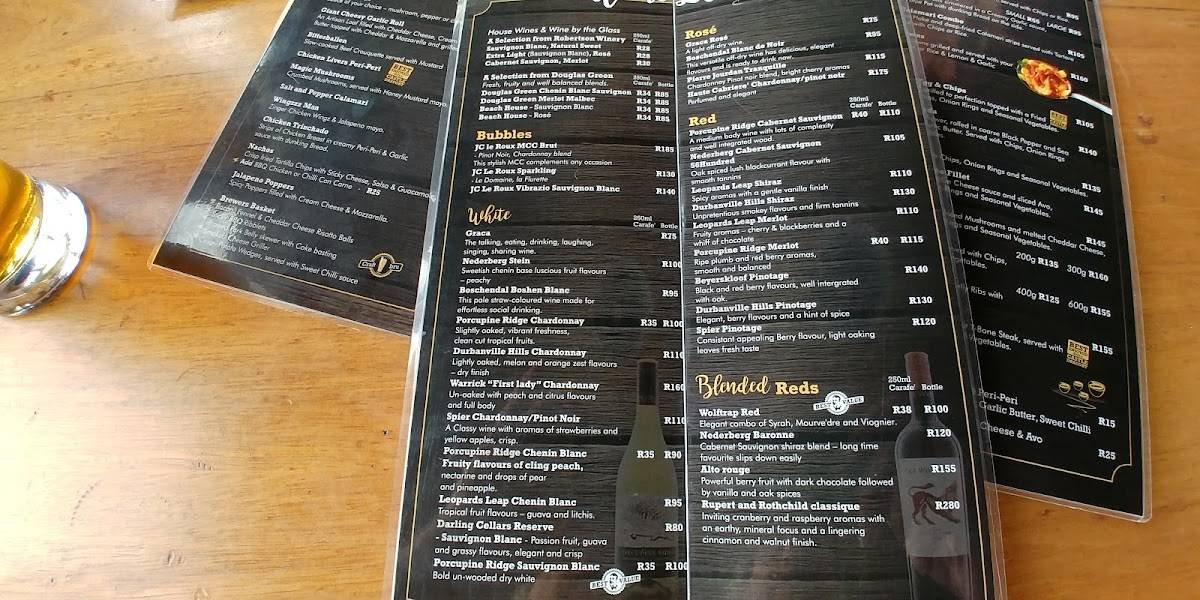 Menu at Barney's Tavern, Port Elizabeth