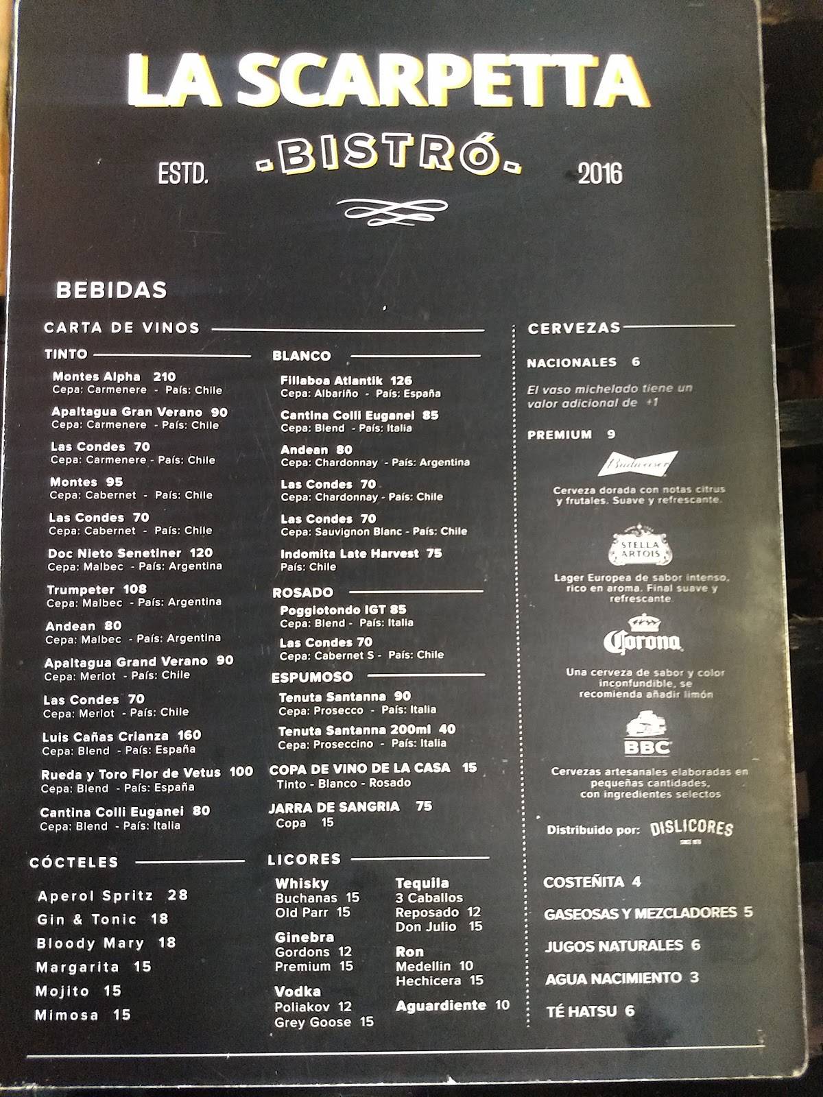 Carta del restaurante La Scarpetta, Barranquilla