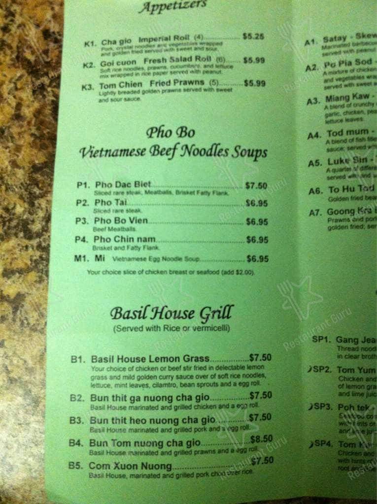 Menu at Basil House restaurant, Texas City