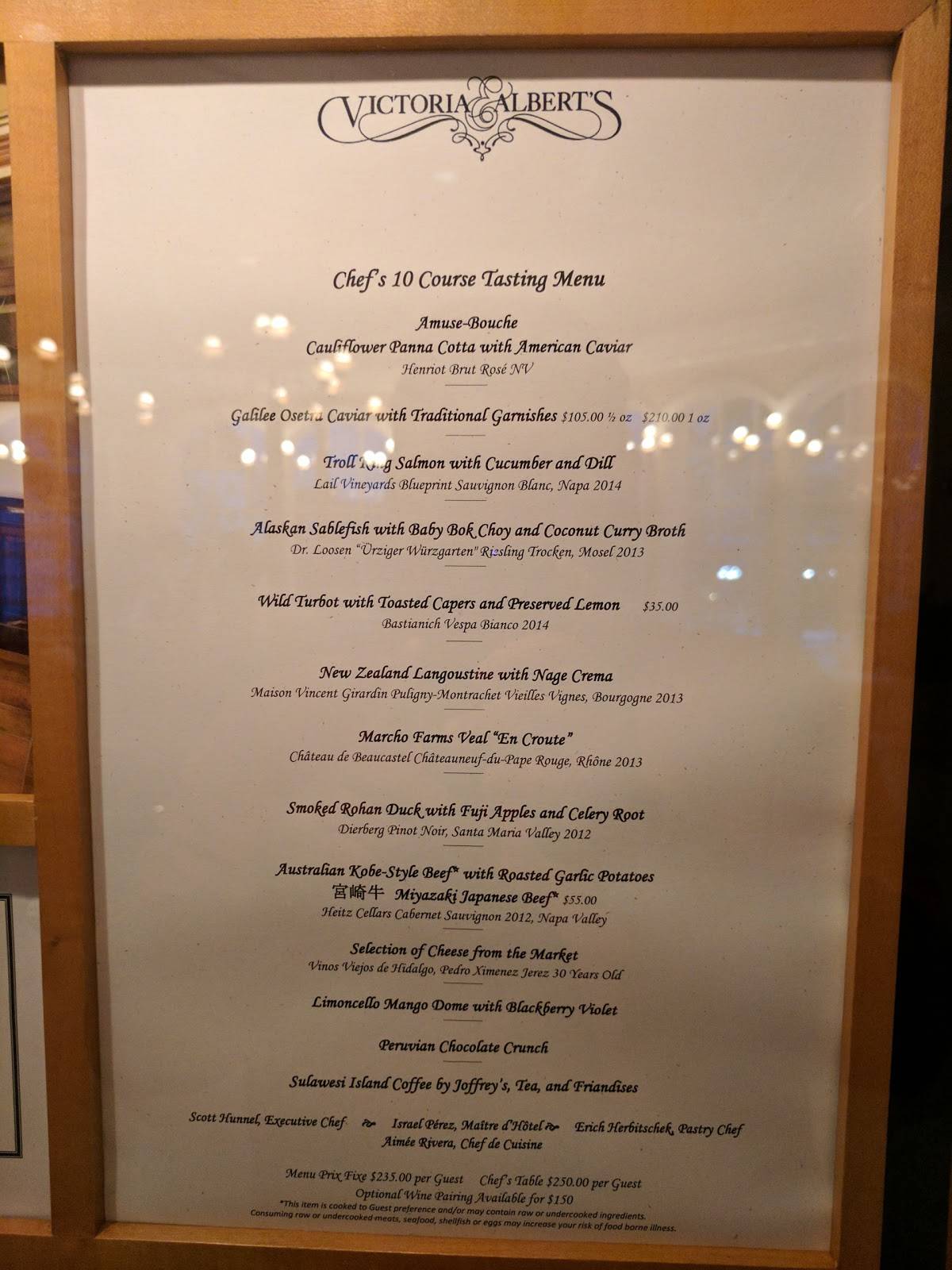 Menu at Victoria & Albert's restaurant, Orlando