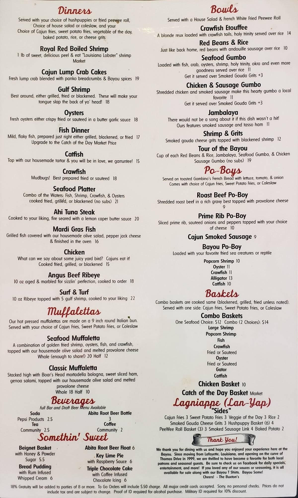 Menu at Bayou on the Beach restaurant, Panama City Beach, Hutchison Blvd