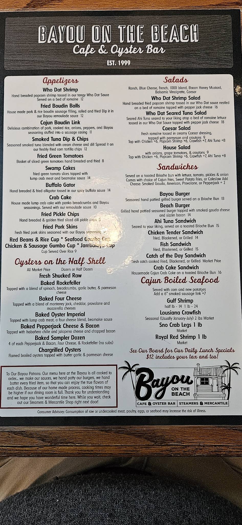 Menu at Bayou on the Beach restaurant, Panama City Beach, Hutchison Blvd