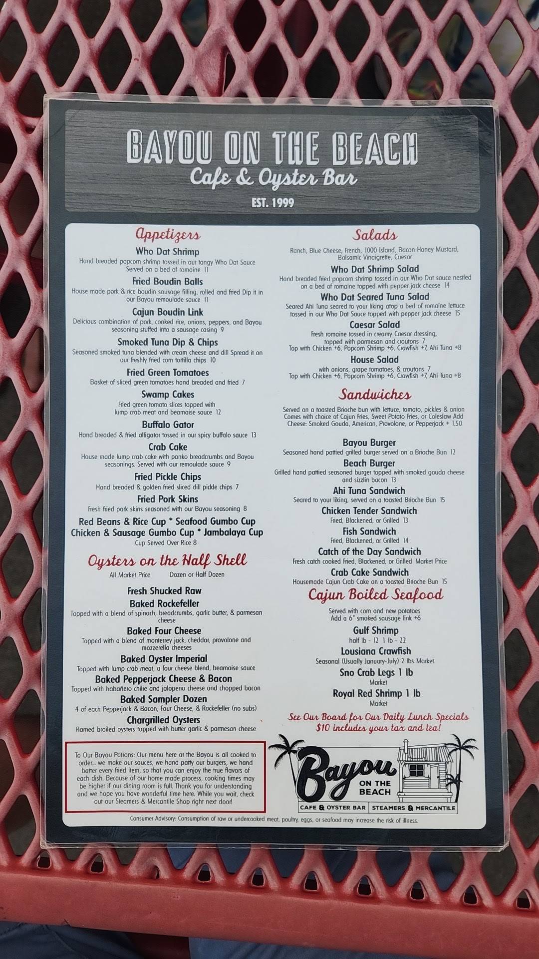 Menu at Bayou on the Beach restaurant, Panama City Beach, Hutchison Blvd