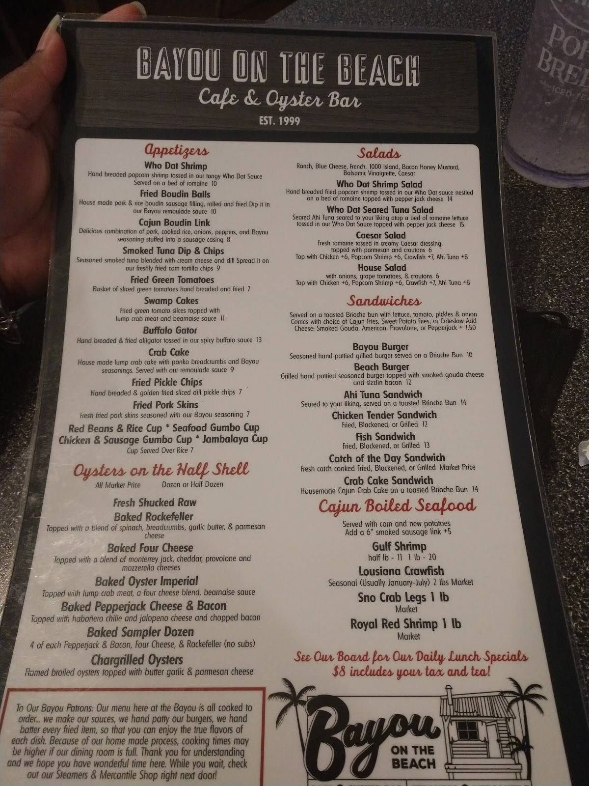 Menu at Bayou on the Beach restaurant, Panama City Beach, Hutchison Blvd