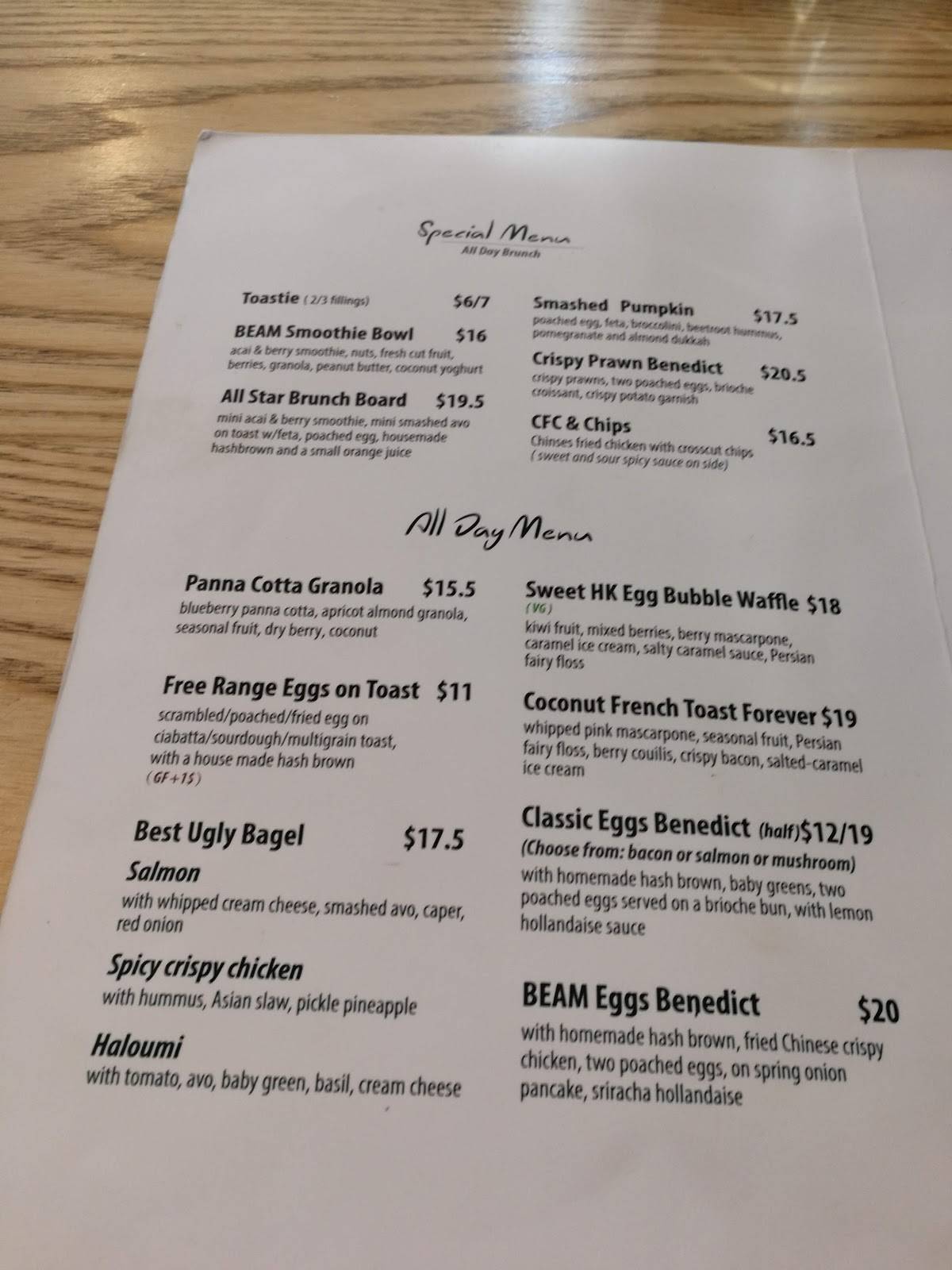 Menu at Beam Cafe, Auckland