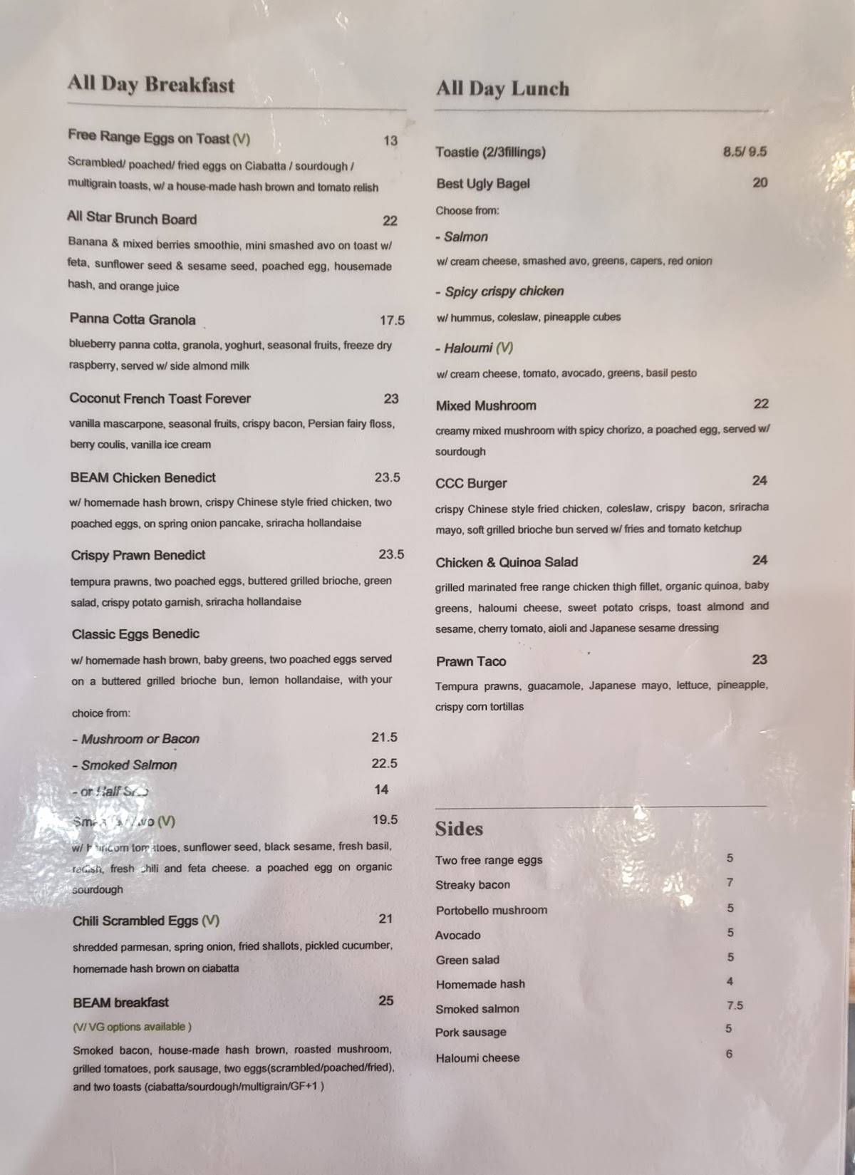 Menu at Beam Cafe, Auckland