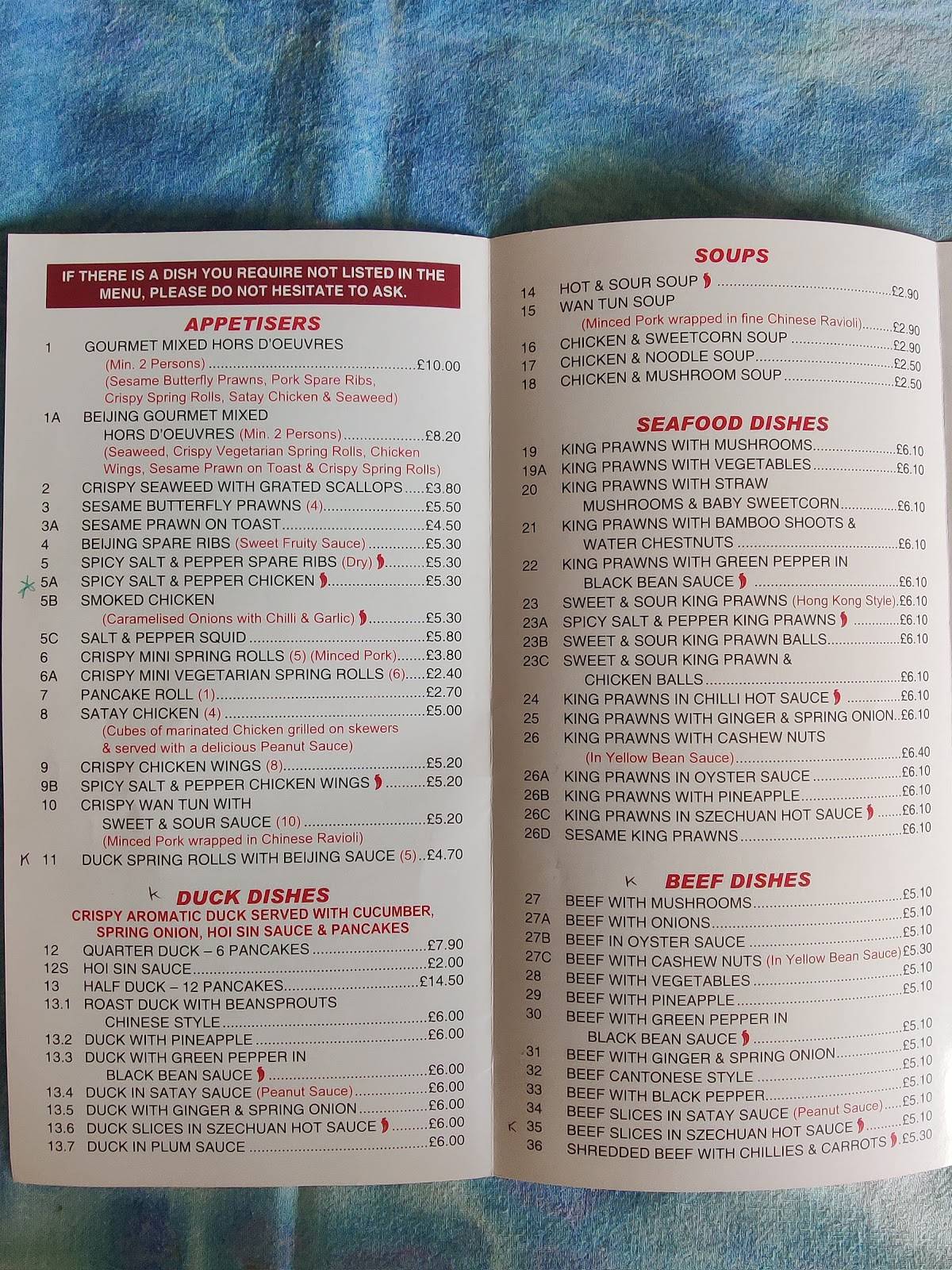 Menu at Beijing fast food, Aylesbury