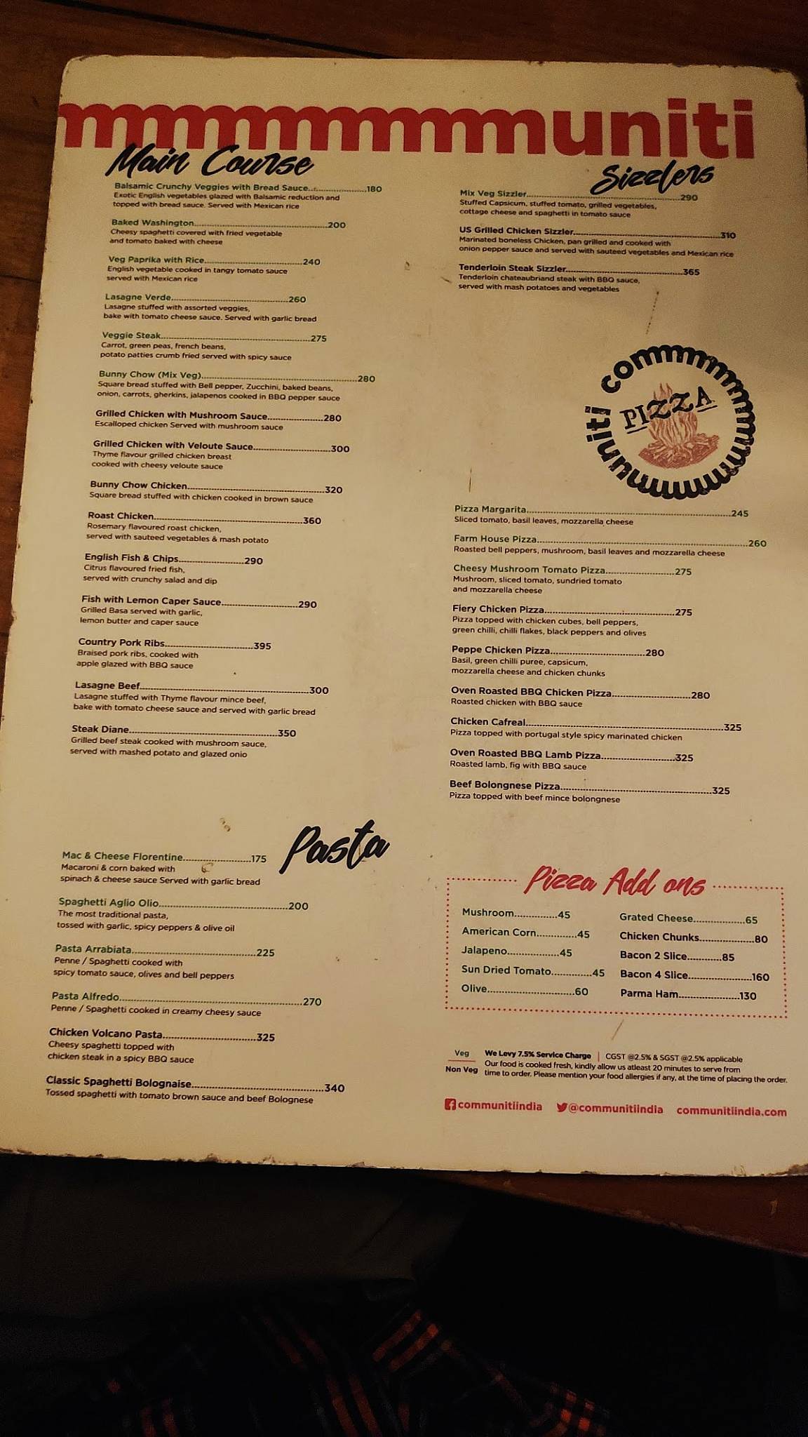 Menu at Communiti, Bengaluru, Brigade Solitare