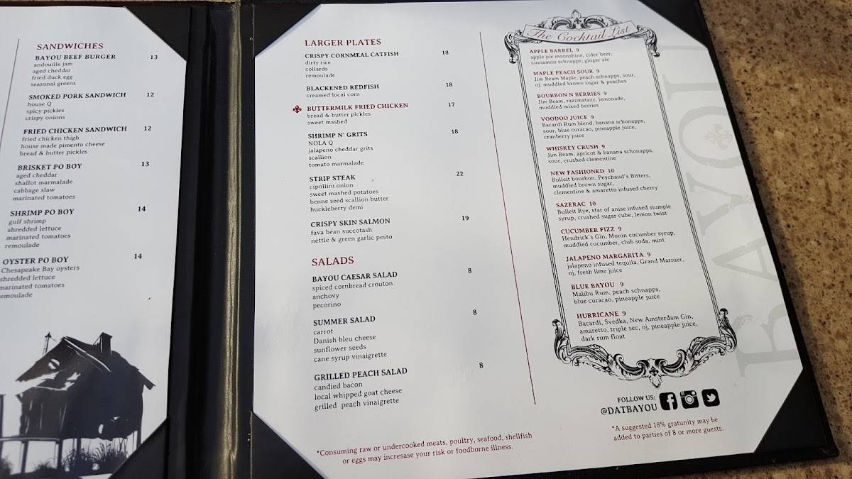 Menu at The Bayou restaurant, Bethlehem