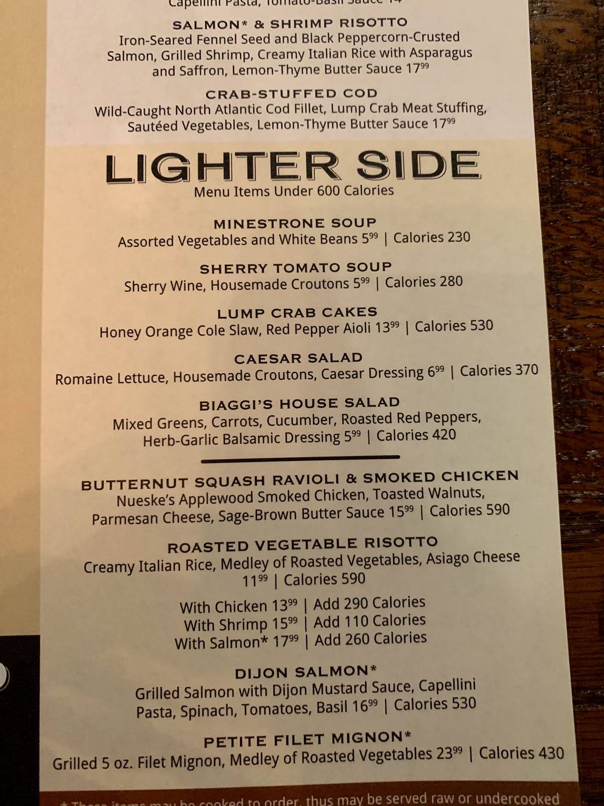 Menu at Biaggi's Ristorante Italiano restaurant, West Des Moines