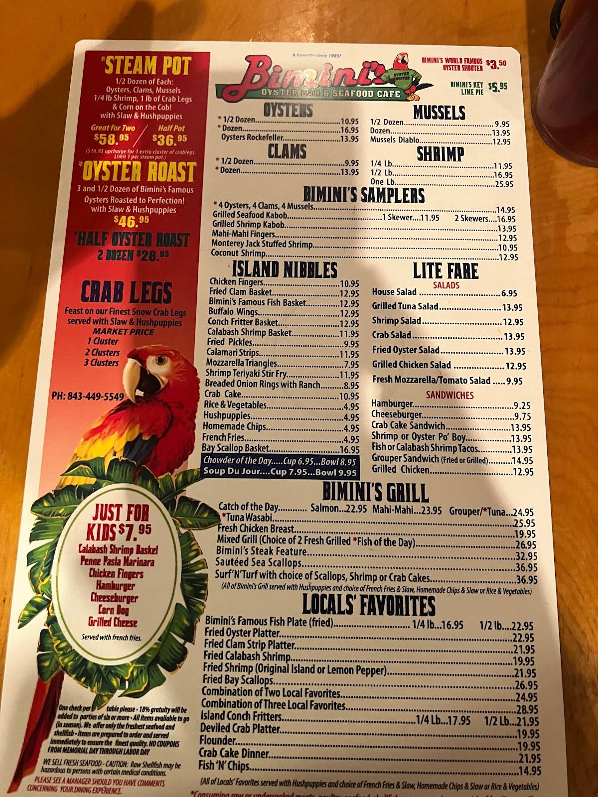 Menu at Bimini's Oyster Bar & Seafood Market - MYRTLE BEACH, Myrtle Beach