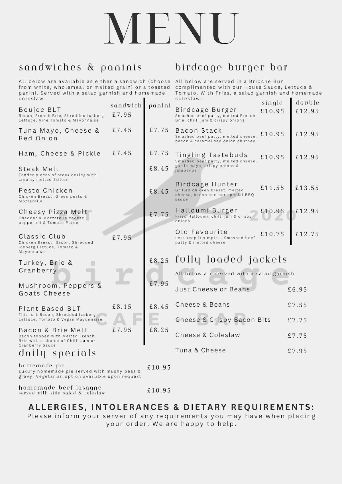 Menu at Birdcage at Derby road pub & bar, Chesterfield