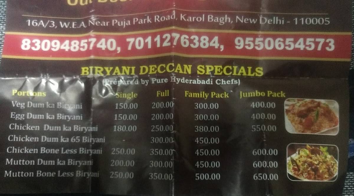 Menu at Biryani Deccan, New Delhi