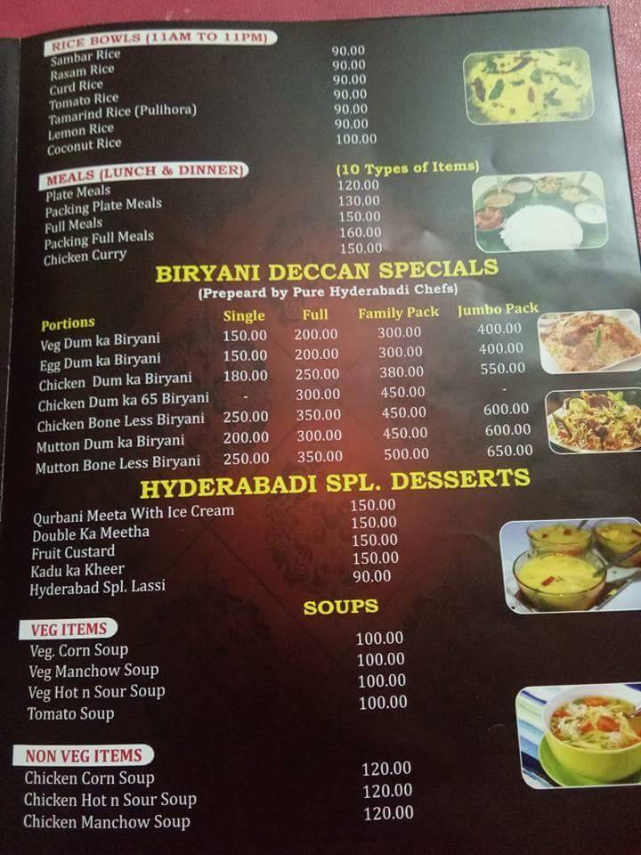 Menu at Biryani Deccan, New Delhi