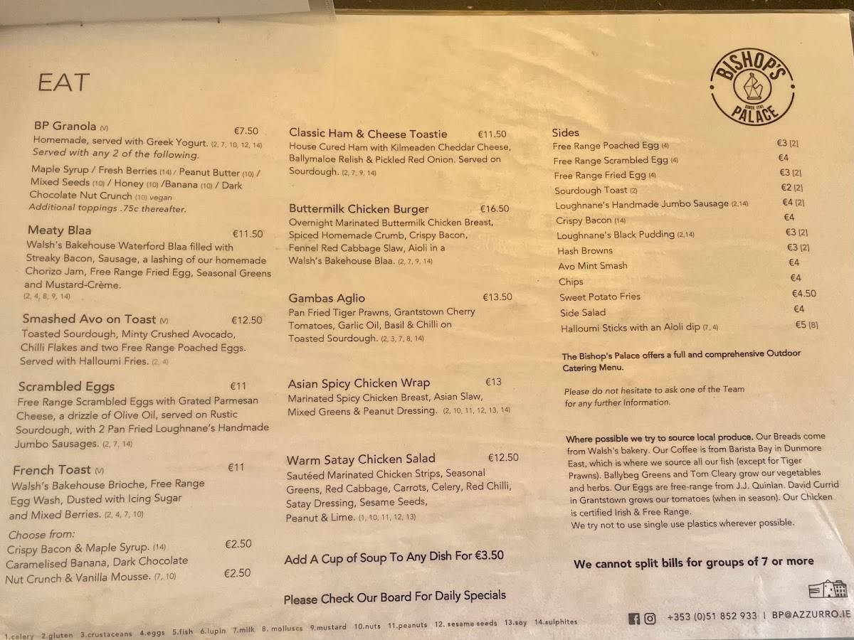 Menu at Bishop's Palace Café cafe, Waterford