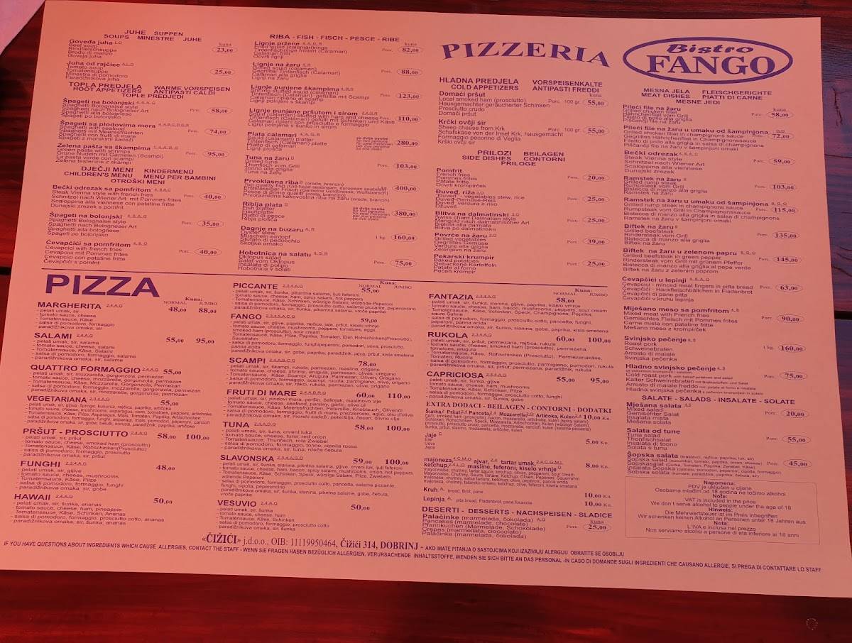 Menu at Bistro Fango pizzeria, Čižići