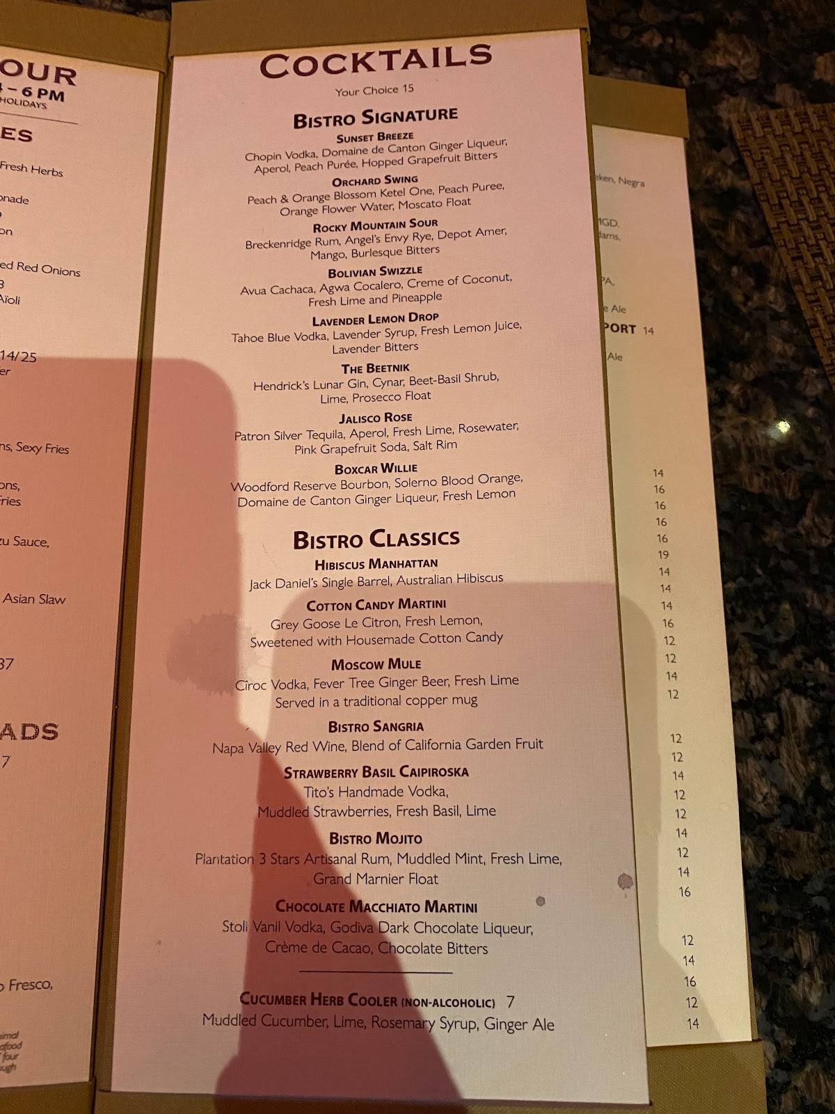 Menu at Bistro Napa pub & bar, Reno, S Virginia St