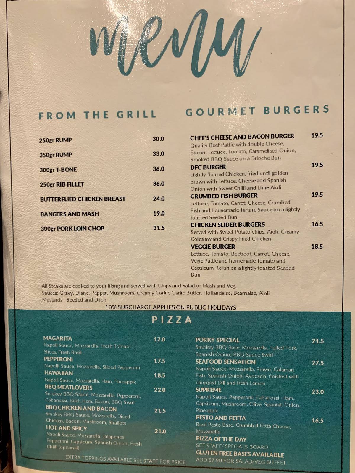 Menu at Blacks Beach Tavern restaurant, Blacks Beach