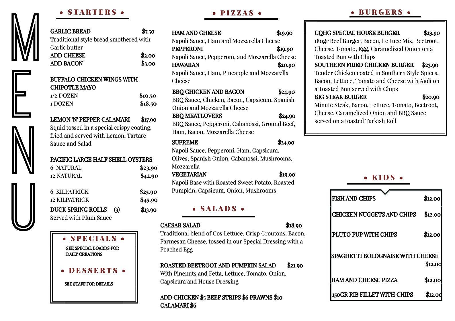 Menu at Blacks Beach Tavern restaurant, Blacks Beach