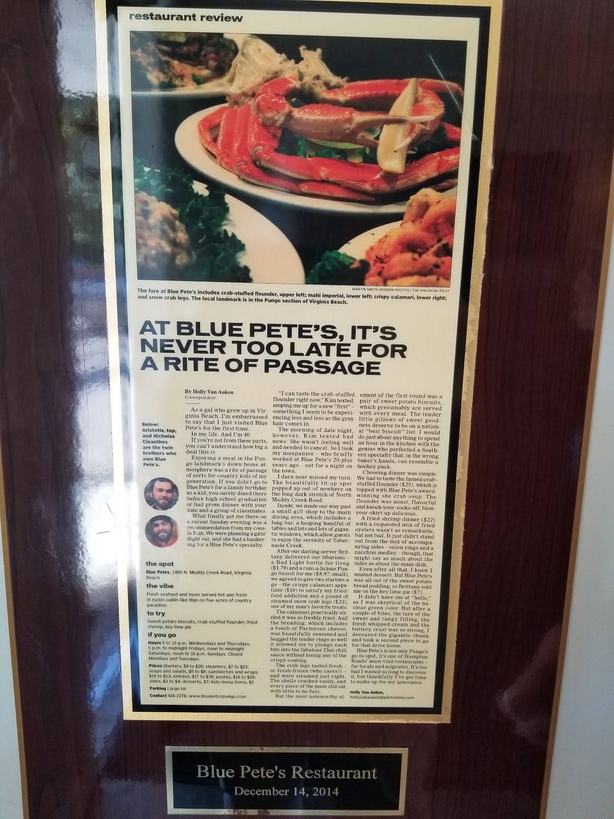 Menu at Blue Pete's Restaurant, Virginia Beach