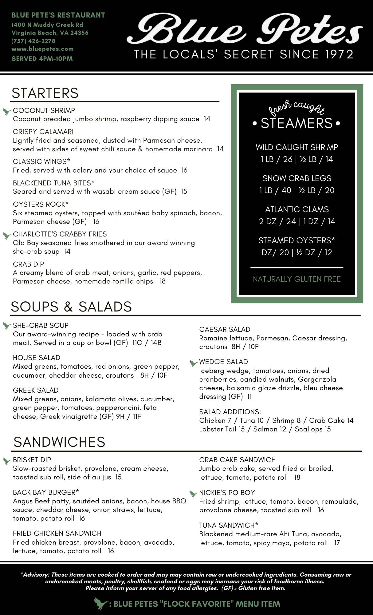 Menu at Blue Pete's Restaurant, Virginia Beach