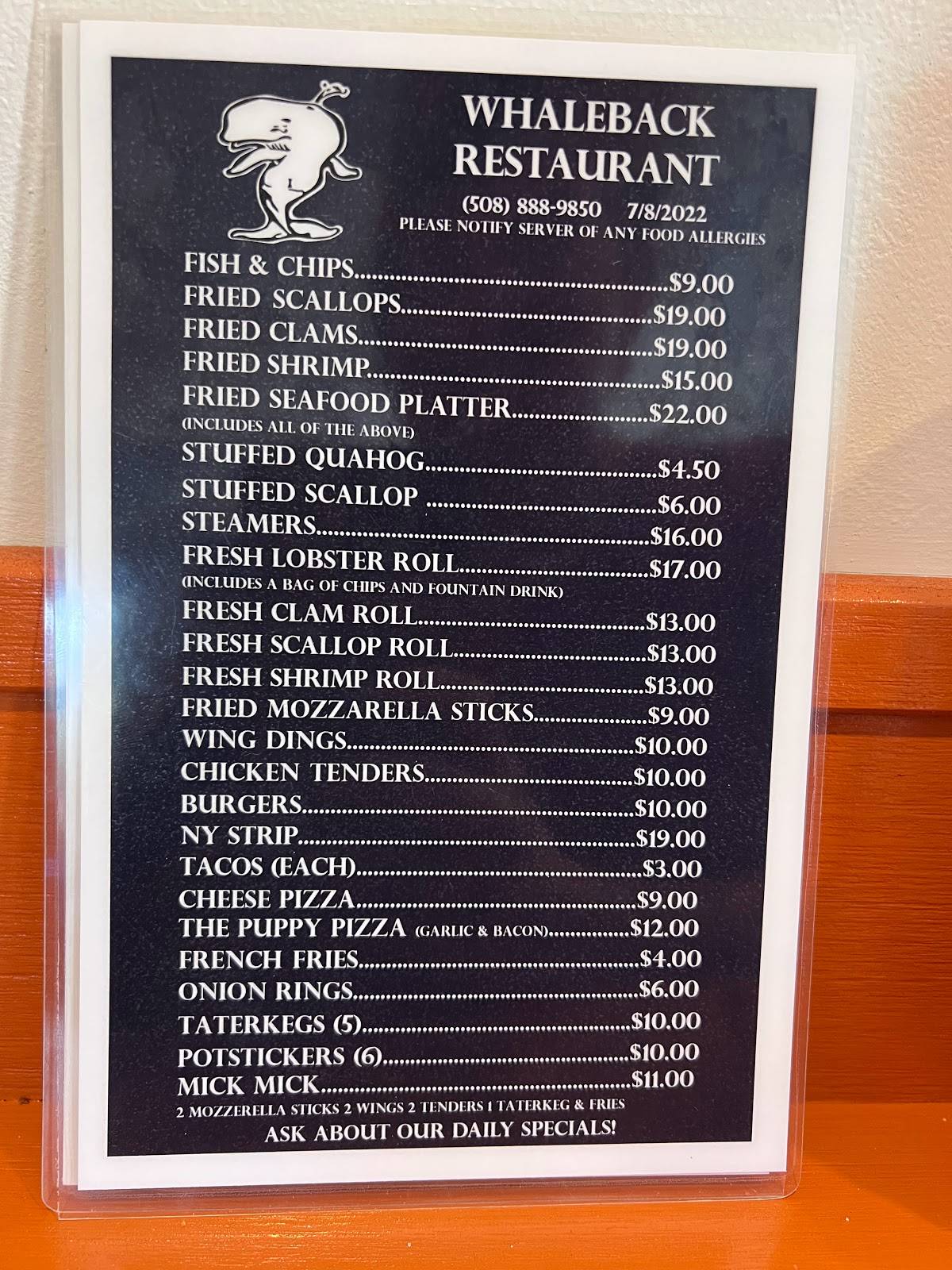 Menu at Bob O'Malley's Whaleback Restaurant, Bourne