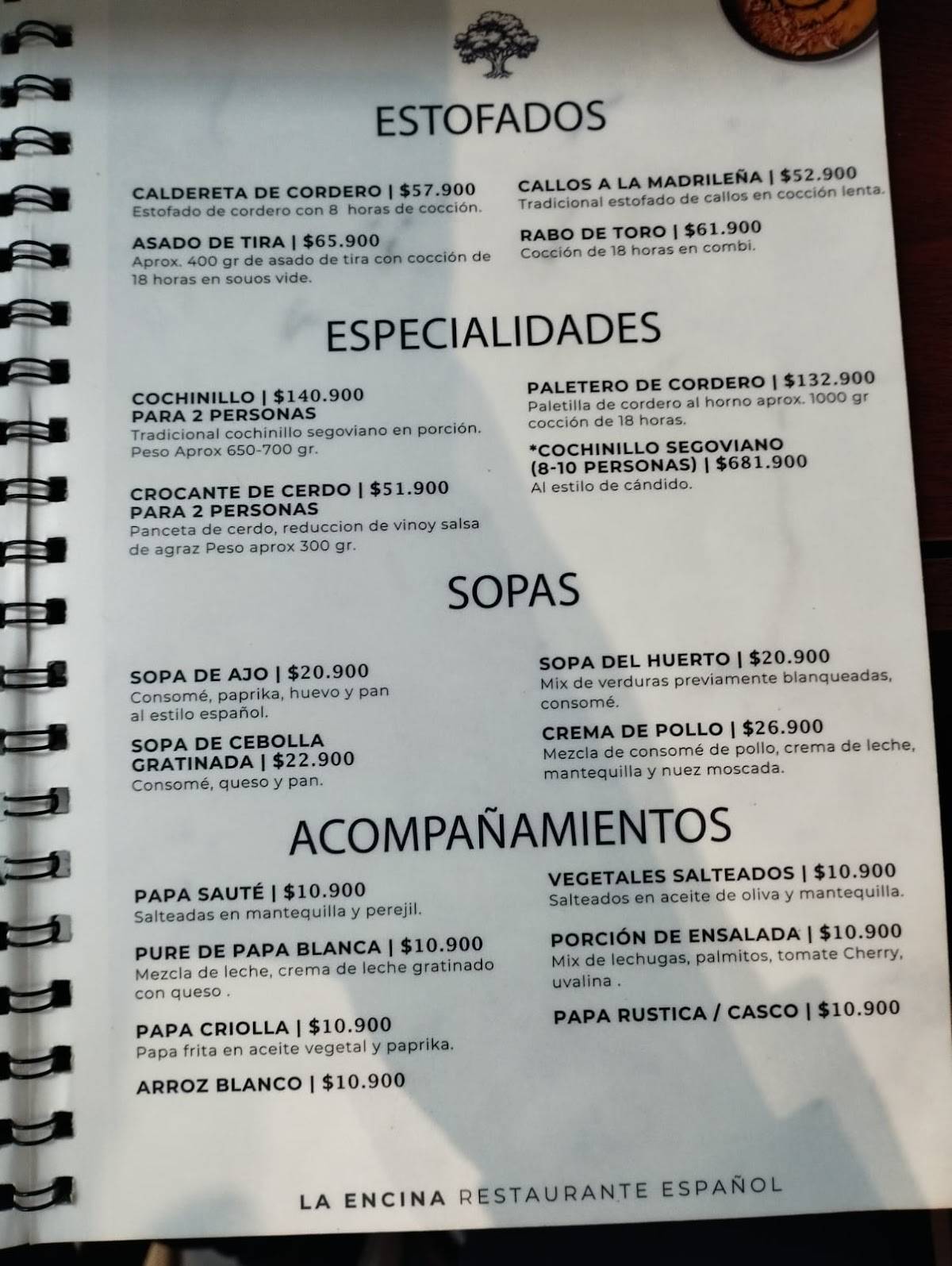 Carta del restaurante La Encina, Bogotá