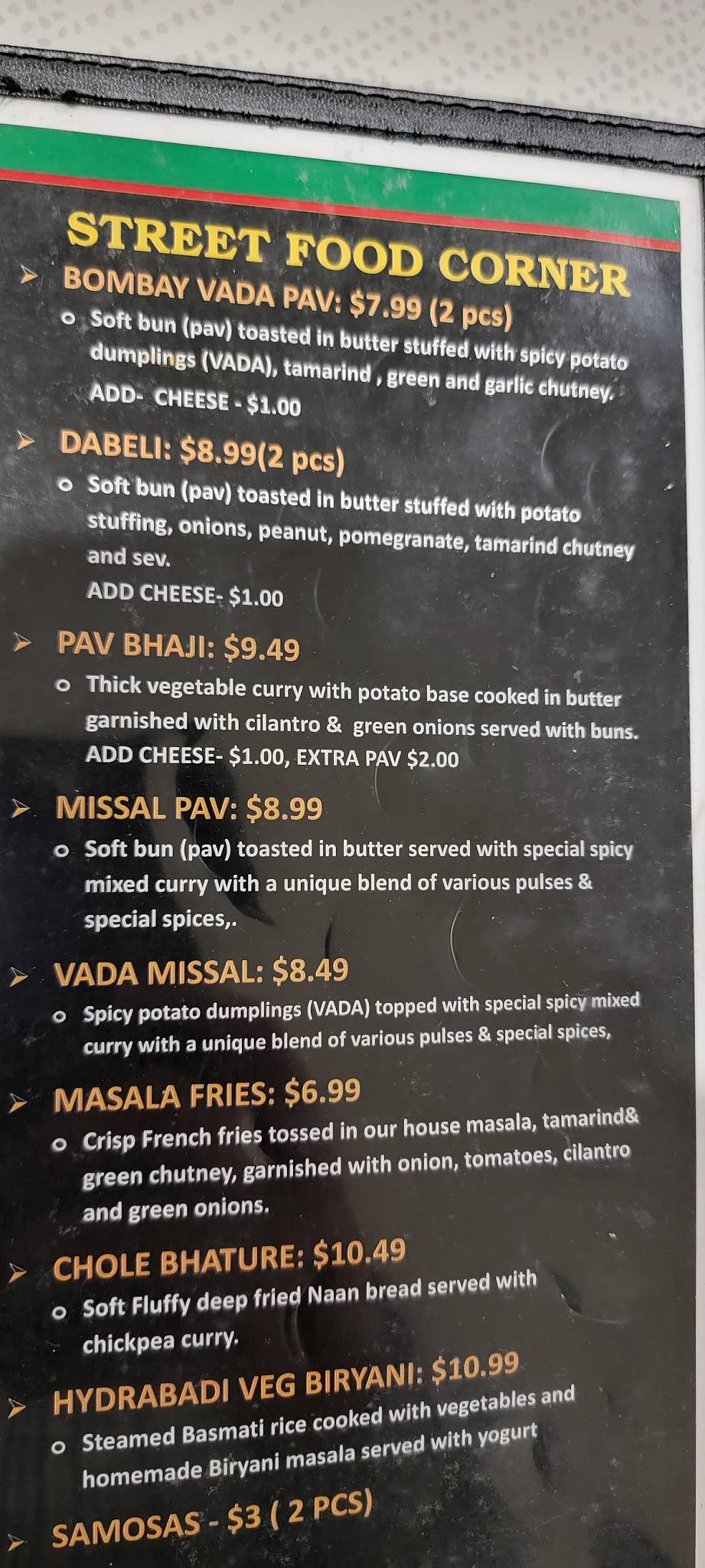 Carta del restaurante Bombay Chaat and Paan House, Edmonton