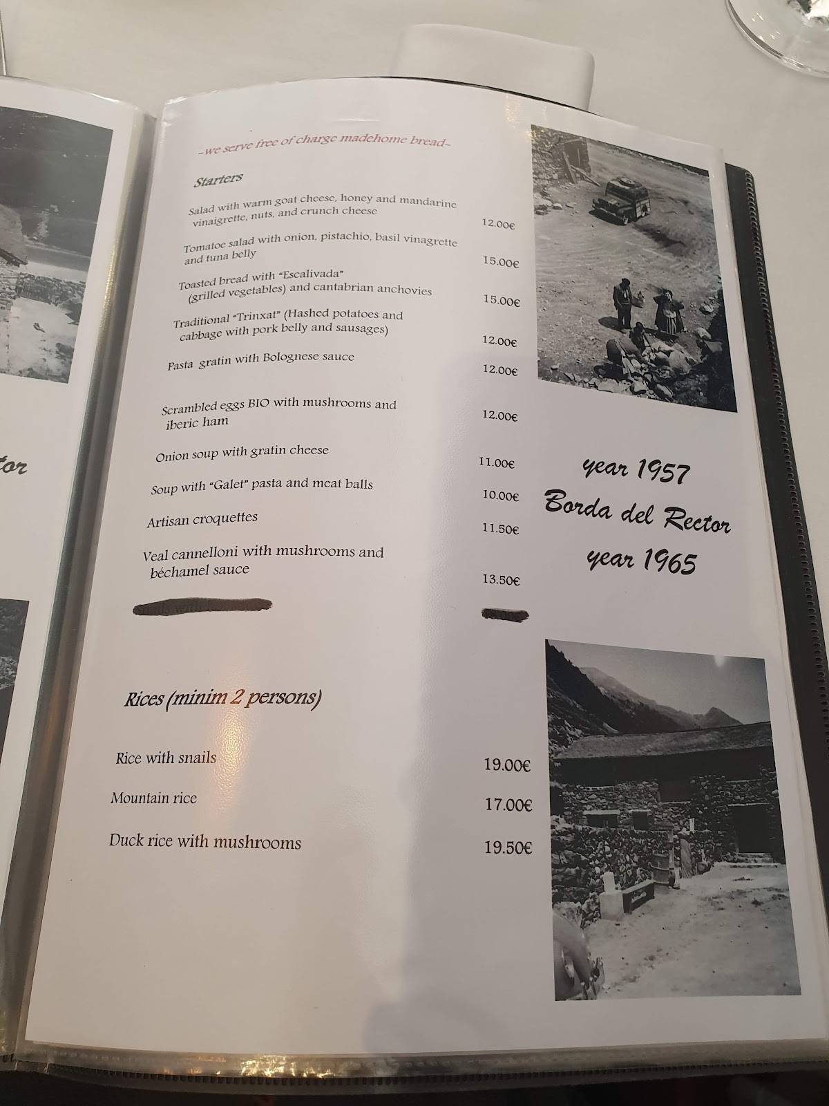 Carta del restaurante Borda del Rector, Soldeu