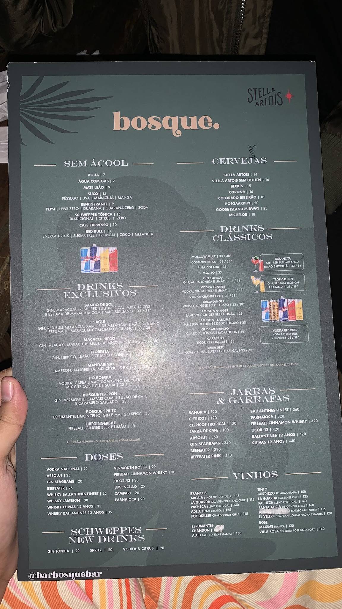 Menu at Bosque Bar, Rio de Janeiro
