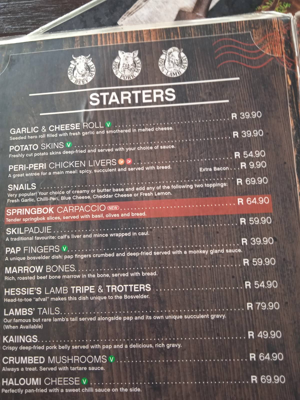 Menu at Bosvelder Pub & Restaurant, Centurion
