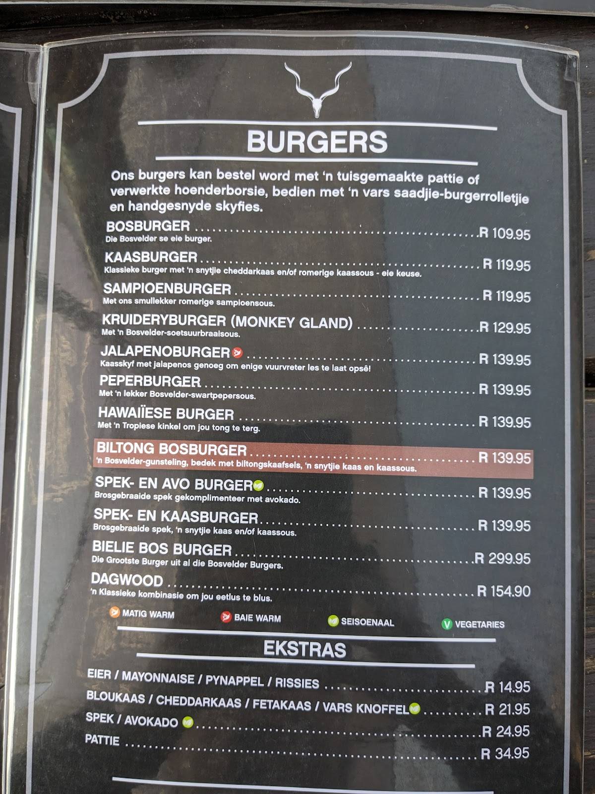Menu at Bosvelder Pub & Restaurant, Centurion