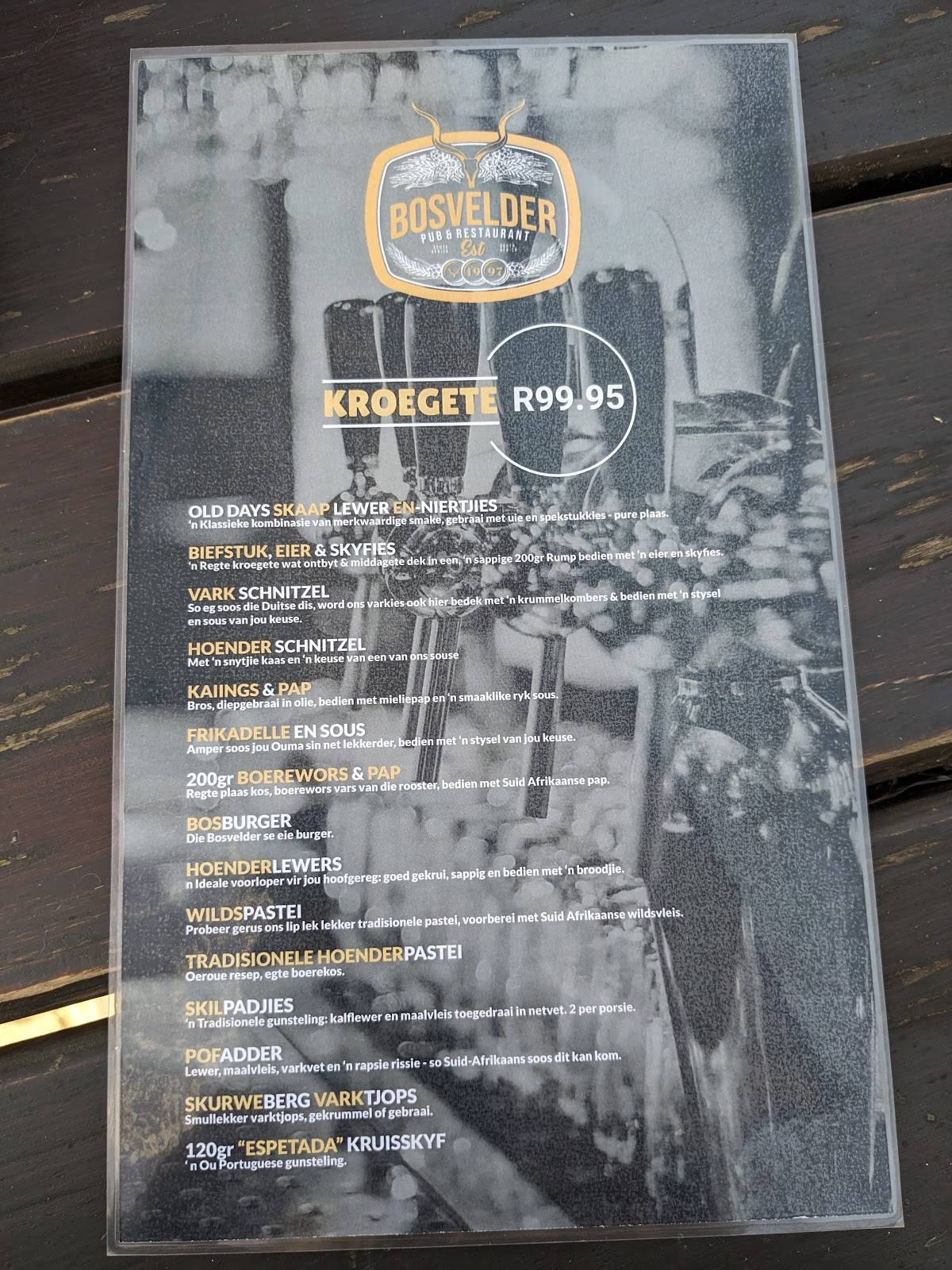 Menu at Bosvelder Pub & Restaurant, Centurion
