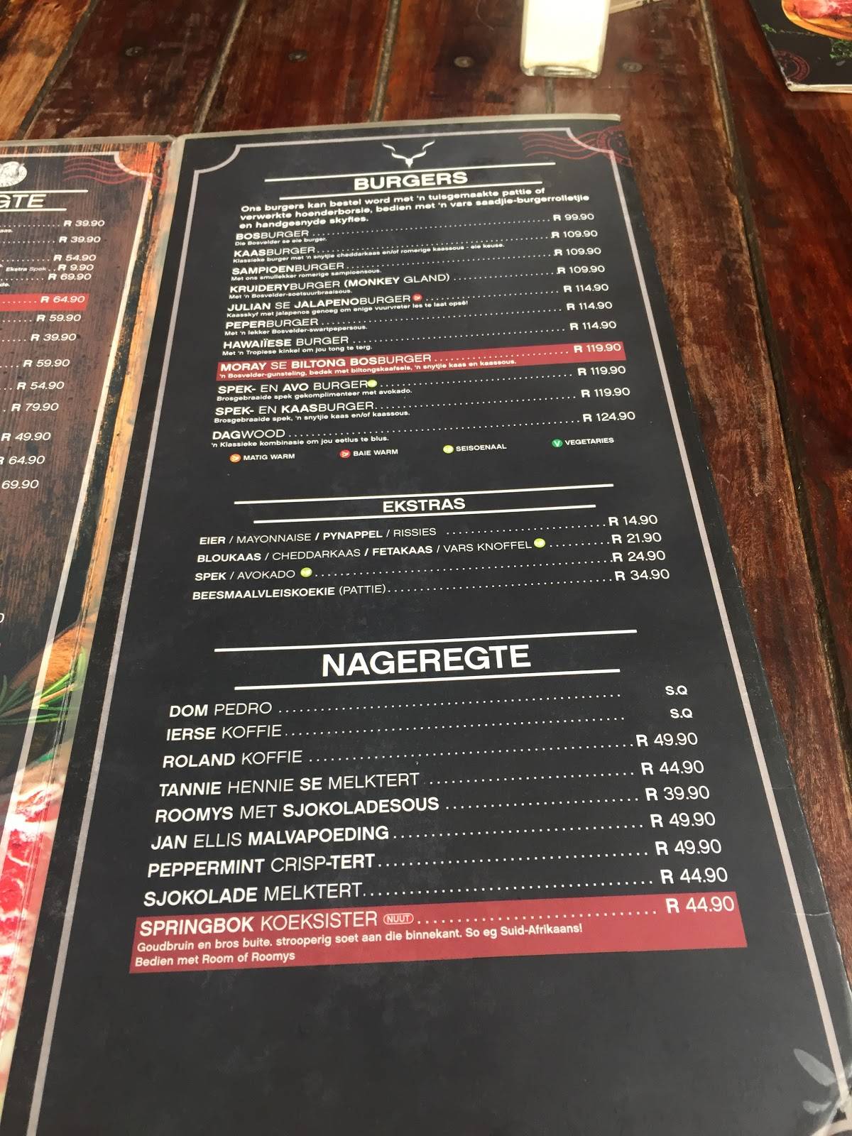 Menu at Bosvelder Pub & Restaurant, Centurion