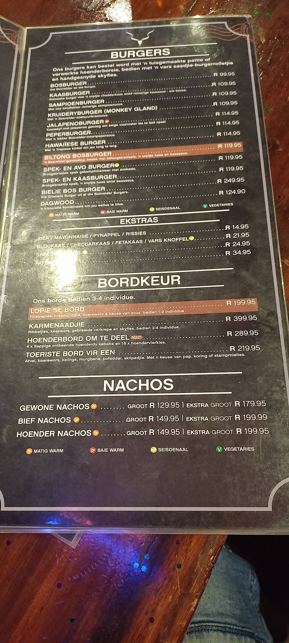 Menu at Bosvelder Pub & Restaurant, Centurion
