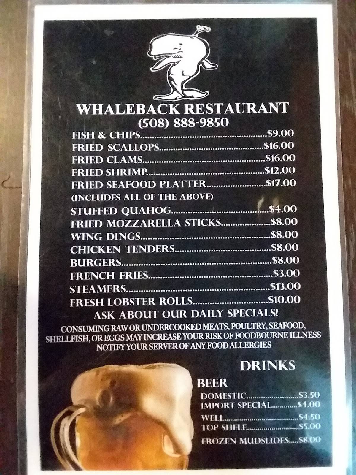 Menu at Bob O'Malley's Whaleback Restaurant, Bourne