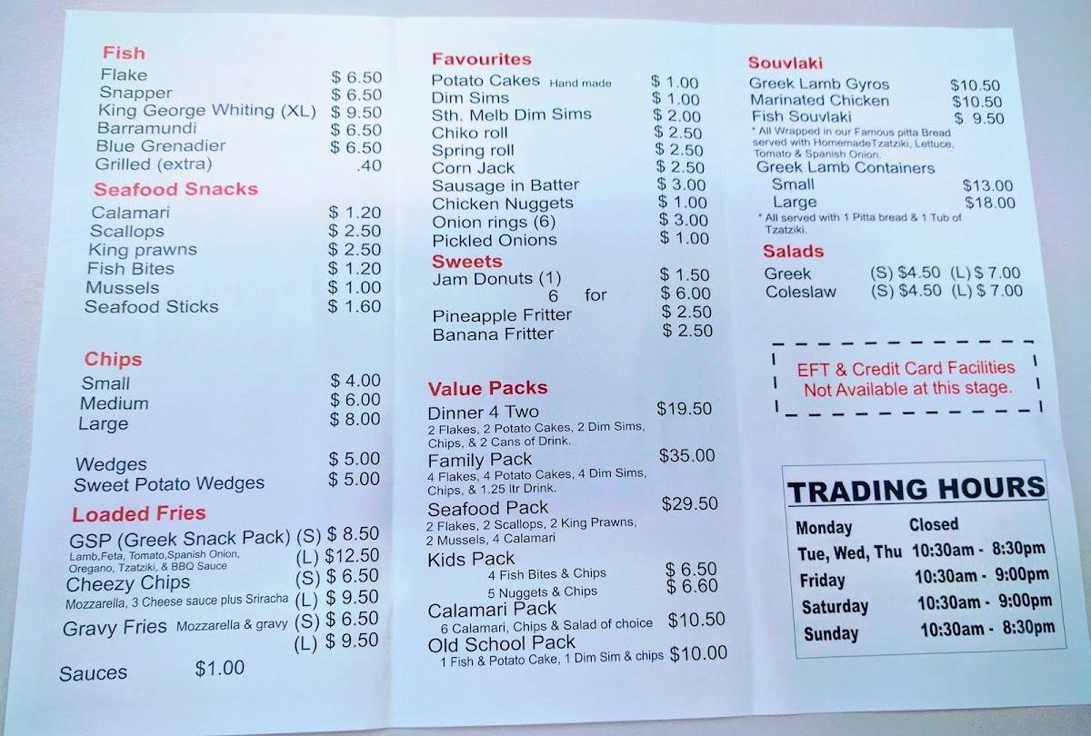 Menu at Brandon Park Fish & Chips fast food, Wheelers Hill
