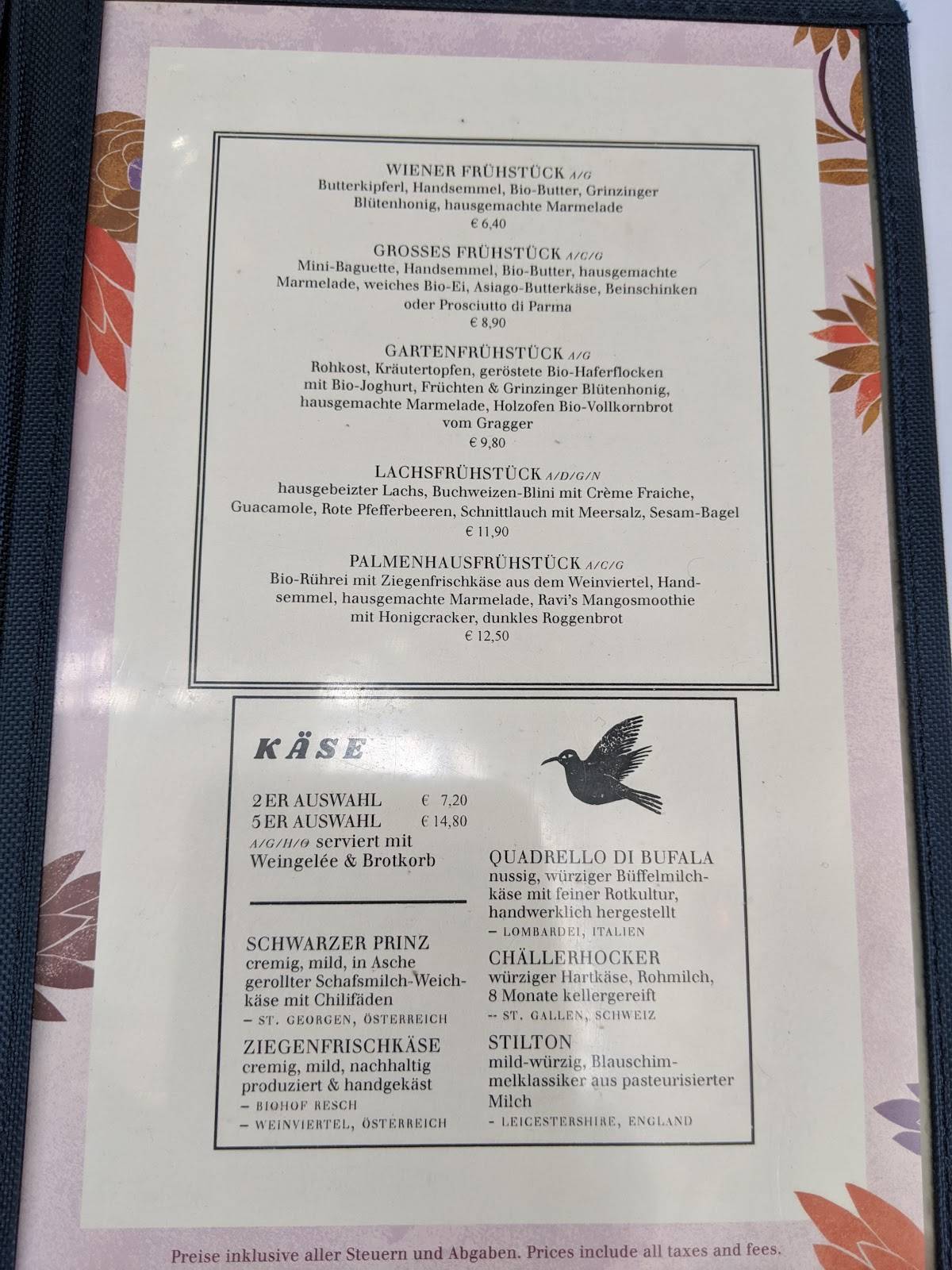 Menu at Brasserie Palmenhaus Wien restaurant, Vienna, Burggarten 1