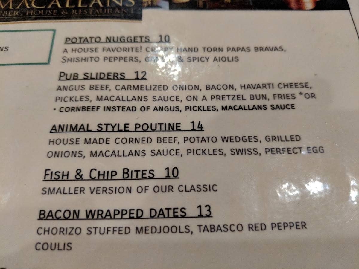 Menu at Macallans Public House, Brea