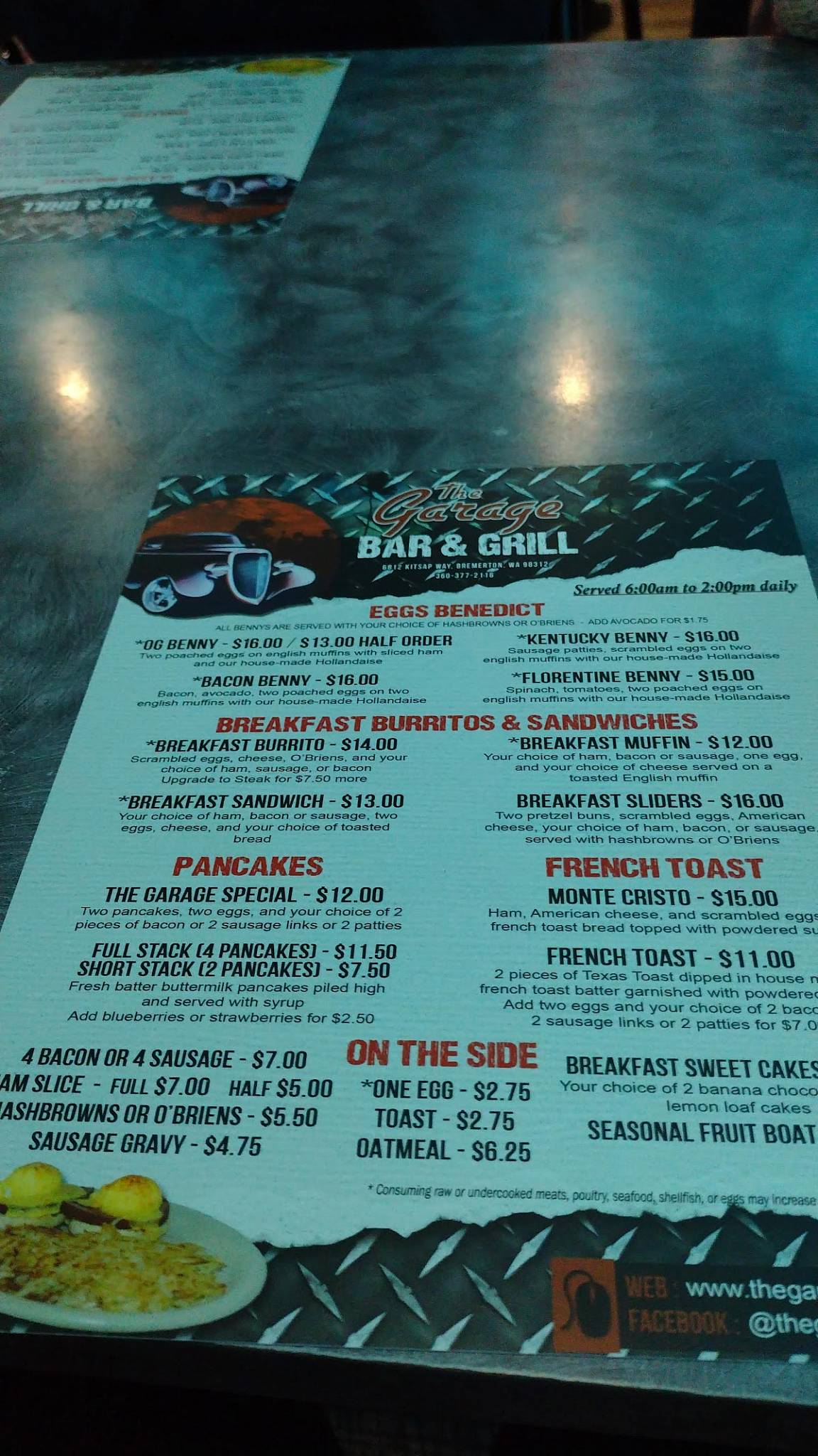 Menu at The Garage Bar & Grill, Bremerton, Kitsap Way